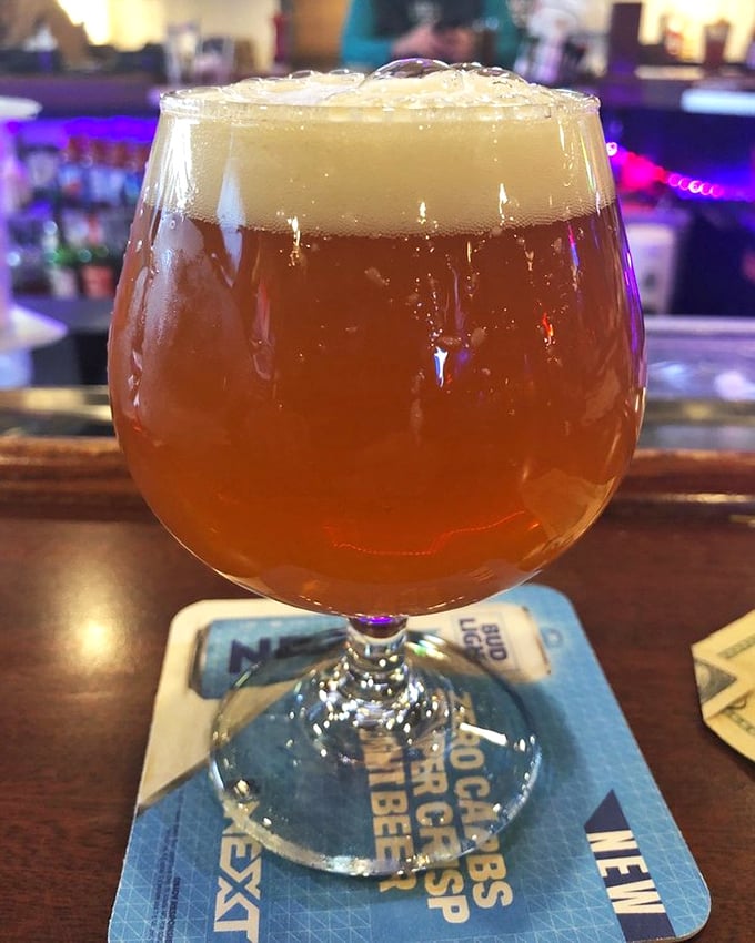 This craft beer isn't just a drink—it's liquid amber sunshine in a glass. The foam crown sits atop like a royal seal of approval.
