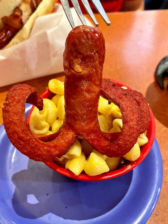 The hot dog octopus swimming in mac and cheese is either culinary genius or madness—either way, I'm completely on board.