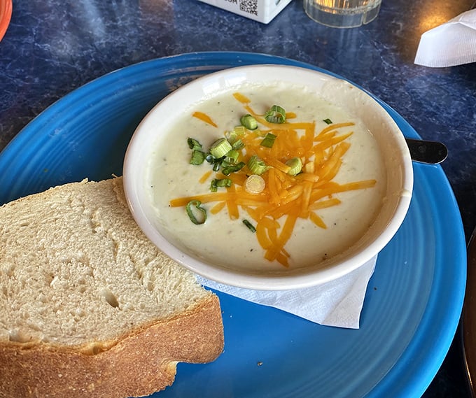 A bowl of creamy soup topped with sharp cheddar and green onions—comfort food that's gotten a college education and come home sophisticated.