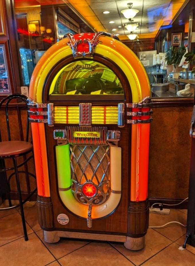 The vintage jukebox stands ready to provide the soundtrack to your food coma – Elvis and eggs, Sinatra and stroganoff.