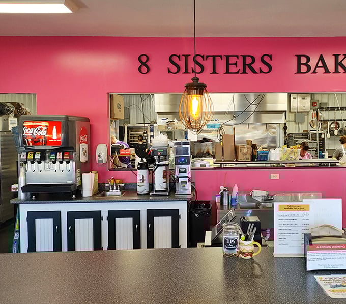 Behind the pink walls and pendant lights, 8 Sisters' kitchen is where the magic happens. The soda machine is just a bonus to the real stars—the baked goods.