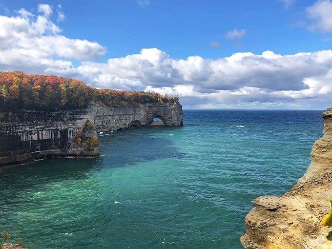 Fall transforms these ancient cliffs into a double feature: colorful rock formations below, autumn foliage fireworks above.