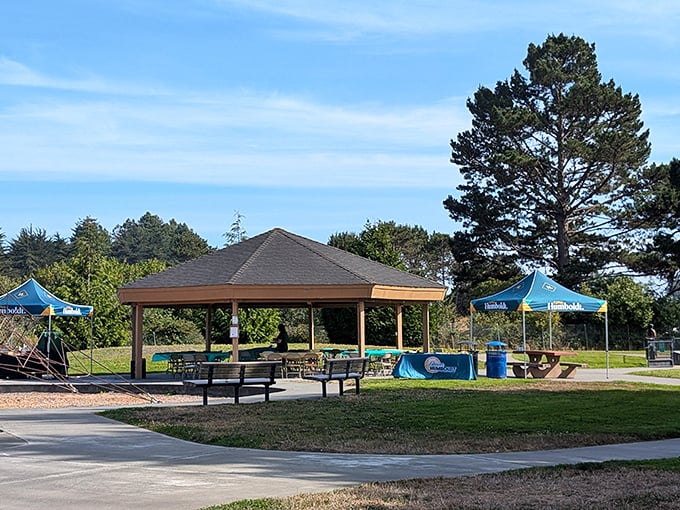 The community pavilion stands ready for birthdays, barbecues, and impromptu gatherings. Some of life's best moments happen under simple roofs.