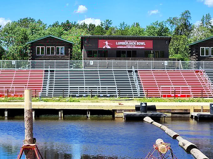 The Lumberjack Bowl stands ready for Hayward's famous timber sports competitions, where athletes perform feats of strength on land and water.