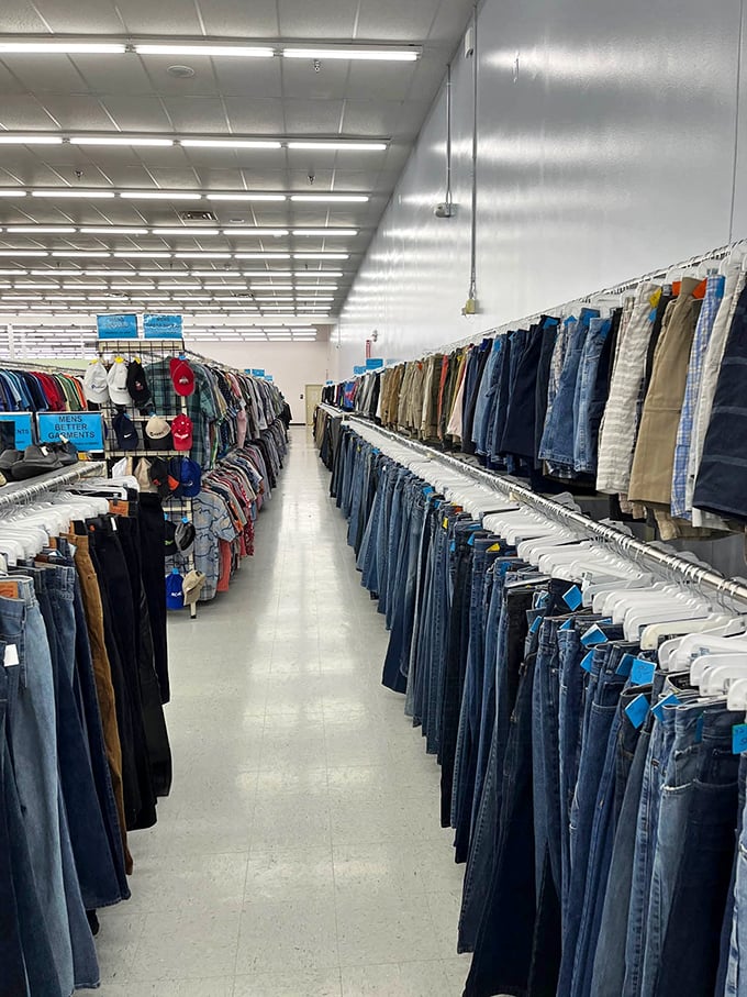 The men's section—where dress pants and casual wear stand shoulder-to-shoulder in democratic fashion harmony.