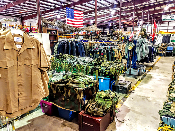 The military surplus section stands ready for duty, where practical meets historical in a patriotic display of American ingenuity.