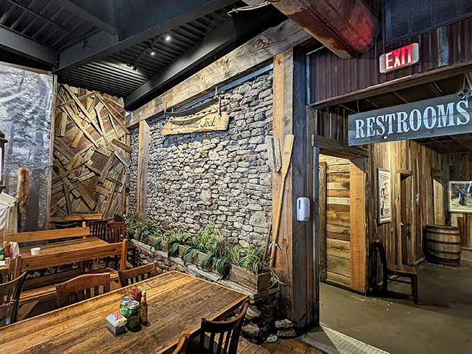 Stone walls and wooden beams create dining nooks that feel both rustic and intimate—like eating in a mountain cabin that happens to serve incredible food.