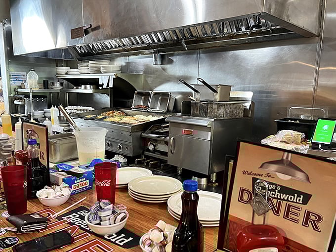The open kitchen where breakfast dreams come true—stainless steel, organized chaos, and the promise of something delicious.