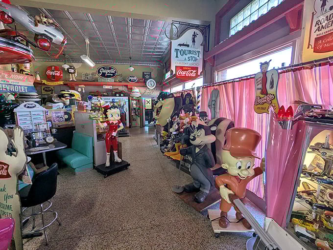 Cartoon characters line up like old friends waiting to reminisce, surrounded by the colorful chaos of mid-century American pop culture.