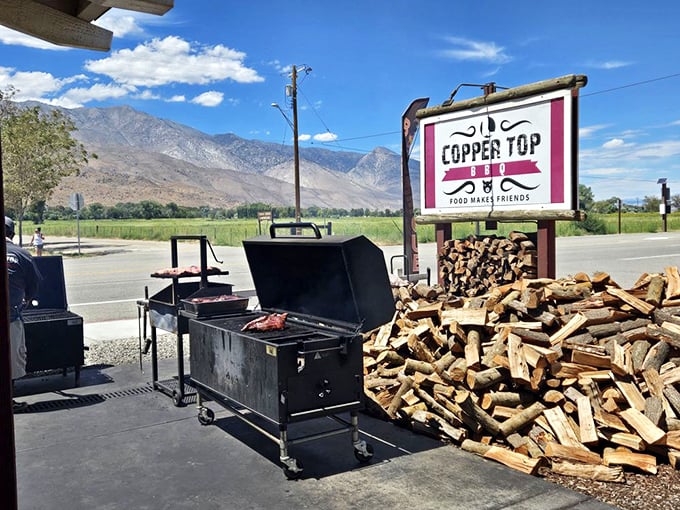 Where the magic begins – these unassuming grills and smokers work overtime against the backdrop of Sierra peaks, transforming wood and meat into memories.