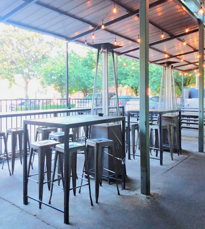 The covered patio offers the perfect middle ground—outdoor ambiance with protection from Sacramento's summer sun and occasional winter drizzle.