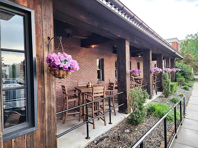 The outdoor patio, adorned with hanging flower baskets, offers a perfect perch for people-watching while savoring those famous oysters on a Pennsylvania evening.