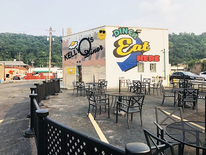 Outdoor seating where Pittsburgh's hills provide the backdrop for coffee conversations and post-breakfast contentment.