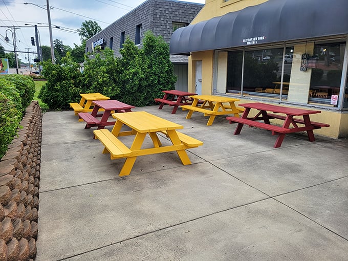 Colorful picnic tables create an outdoor oasis where pizza tastes even better under Ohio's big sky.