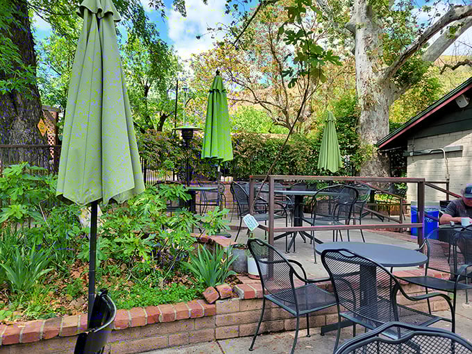 Garden dining that feels like you've stumbled into someone's particularly stylish backyard party, complete with dappled sunlight filtering through the trees.