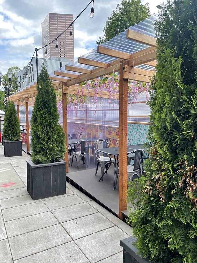 The covered patio strikes that perfect balance between indoor comfort and outdoor freshness—ideal for Portland's famously "flexible" weather patterns.