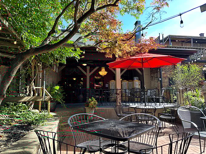 The garden patio offers a leafy escape from urban life – red umbrellas and wrought iron furniture creating an alfresco oasis in Little Italy.