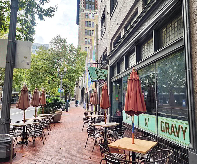 Outdoor seating along the brick sidewalk offers a perfect perch for people-watching while you savor your Southern-inspired feast.