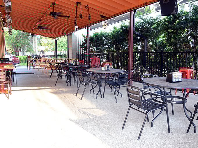 Outdoor seating protected from the elements offers the perfect compromise between "enjoying nature" and "not sweating through your shirt."