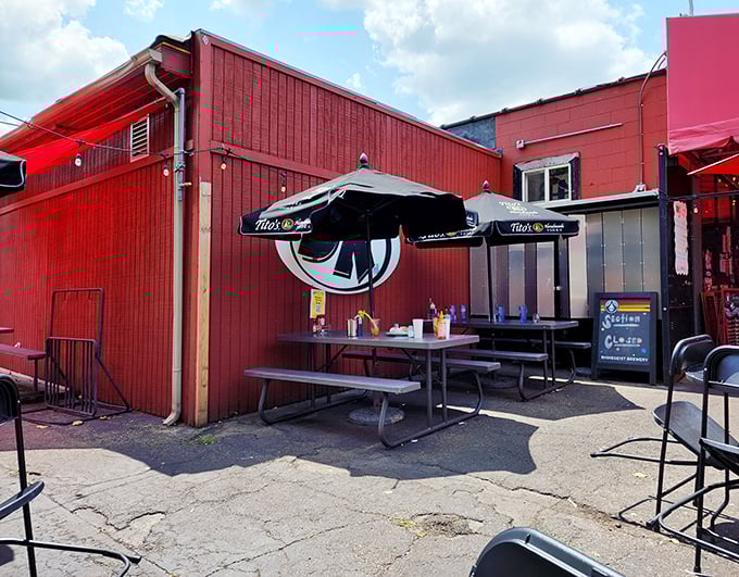 Outdoor seating that says, "Yes, you can enjoy your breakfast burrito with a side of vitamin D and people-watching."