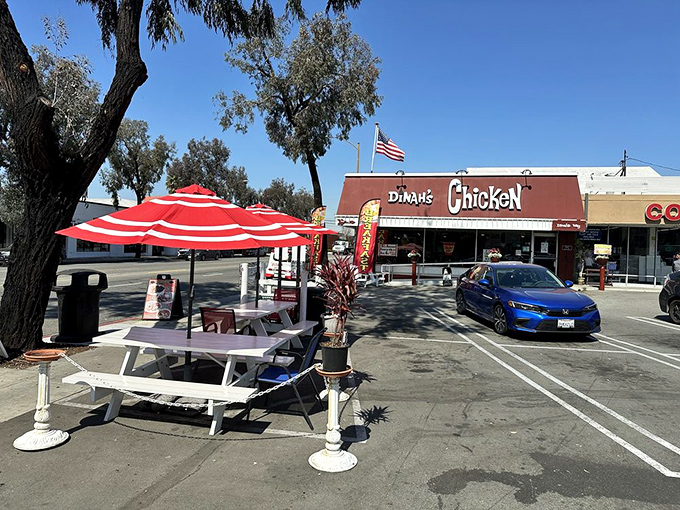 Al fresco dining, California-style. Red umbrellas provide shade while you contemplate ordering seconds, because some decisions are worth the extra calories.