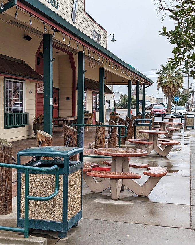 Rain can't dampen the charm of Granzella's outdoor seating area, where rustic picnic tables invite roadtrippers to stretch their legs between bites.