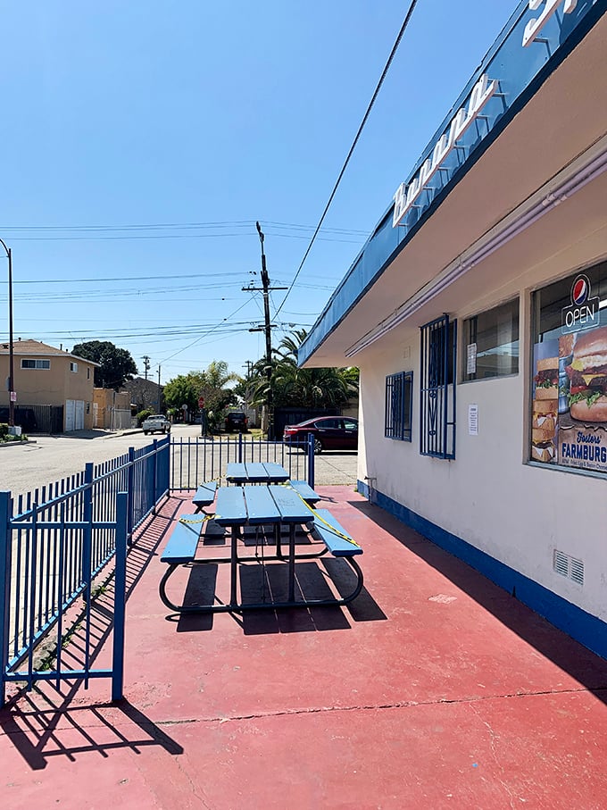 Sun-drenched picnic tables waiting for the next generation of ice cream memories to be made.