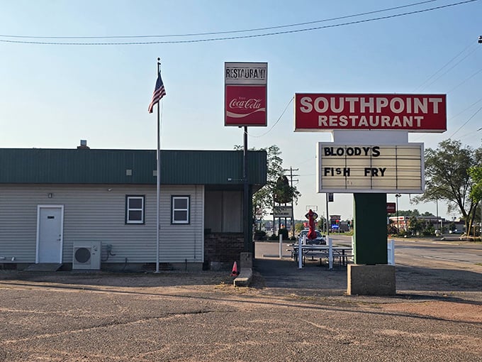 The marquee announces "Bloody's Fish Fry" with the same importance other venues might reserve for rock concerts or presidential visits.