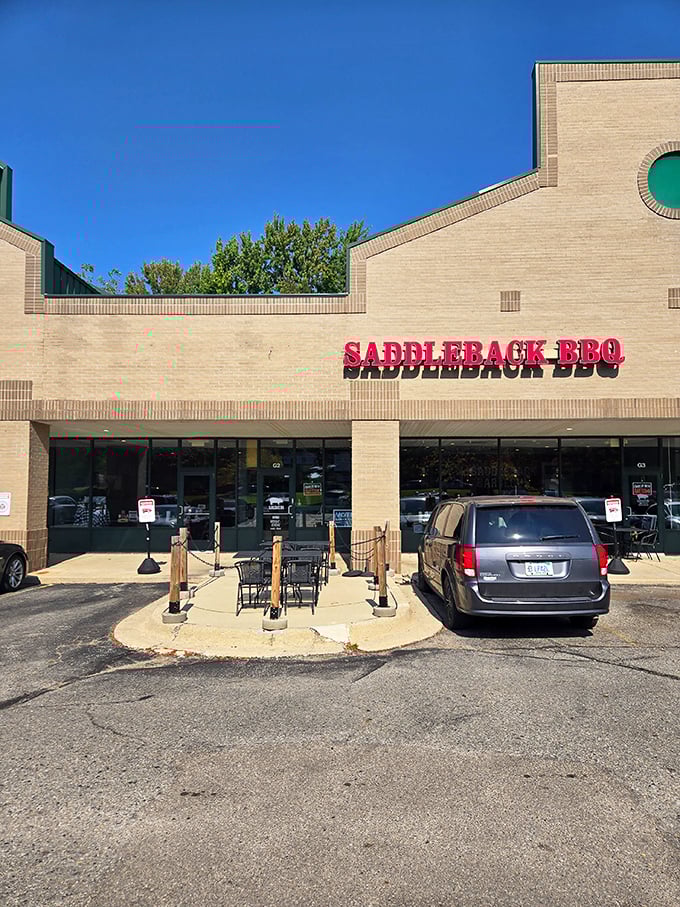 On perfect Michigan days, these outdoor seats become the most coveted real estate in Okemos—like beachfront property, but with the soothing sounds of meat being sliced instead of waves.