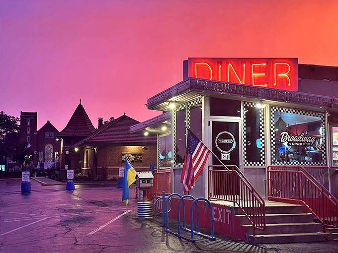 Sunset transforms this humble diner into something magical—Edward Hopper would've added this to his painting collection immediately.