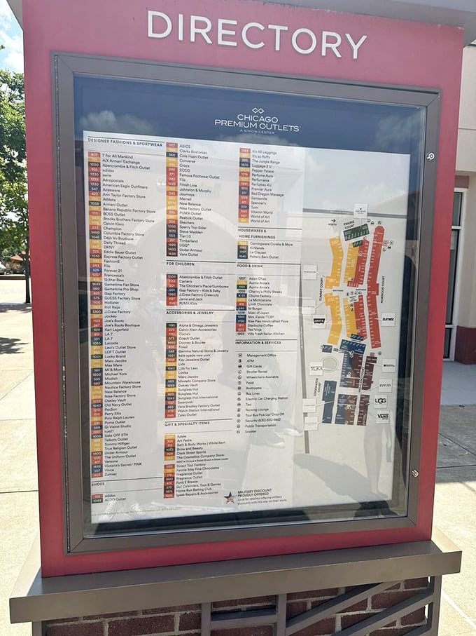 The directory board: part treasure map, part information overload. Study it like you're planning a heist, or you'll miss the stores with the best deals.