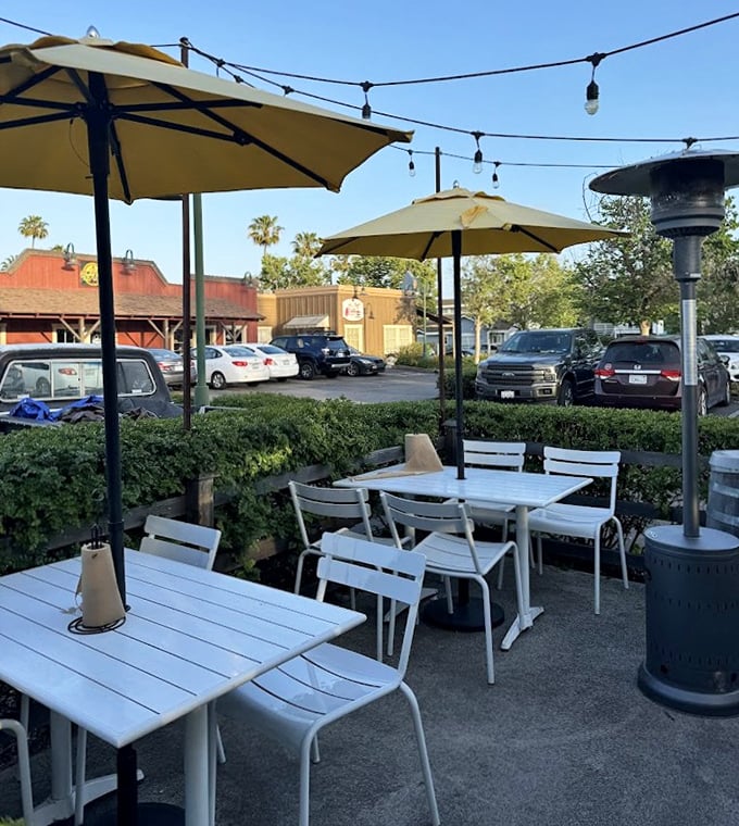 Al fresco dining California-style. Palm trees in the distance, string lights overhead, and smoky treasures on your plate.