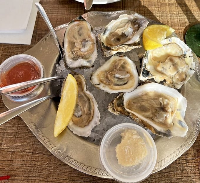 These oysters aren't just served – they're presented like the briny celebrities they are, ready for their close-up with lemon and cocktail sauce.