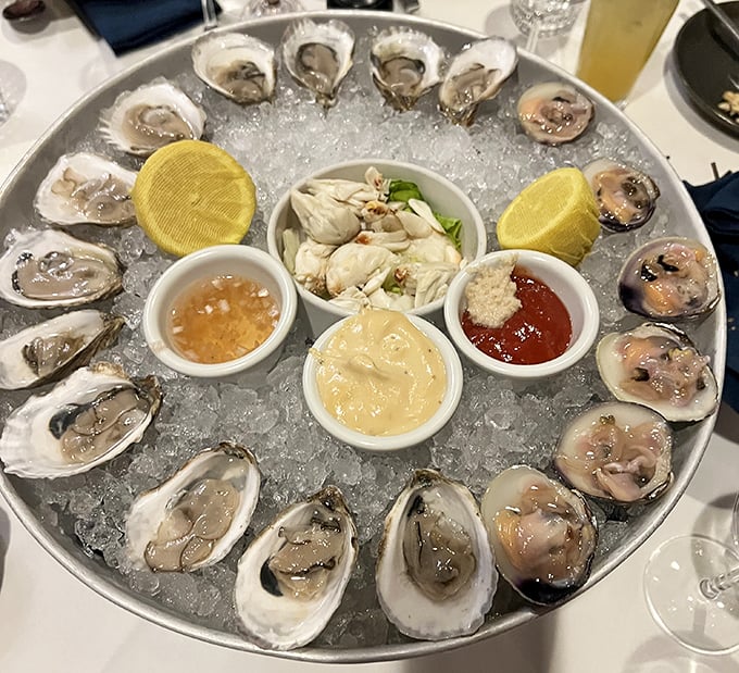 Oysters arranged like a clock of deliciousness—briny treasures on ice with all the classic accompaniments standing by for their supporting roles.