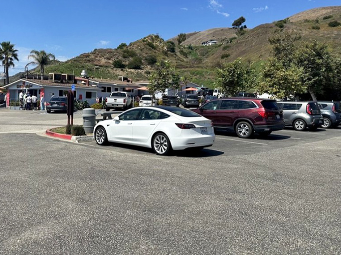 The parking lot tells the tale—luxury cars next to surf wagons, all united by the pursuit of exceptional seafood.