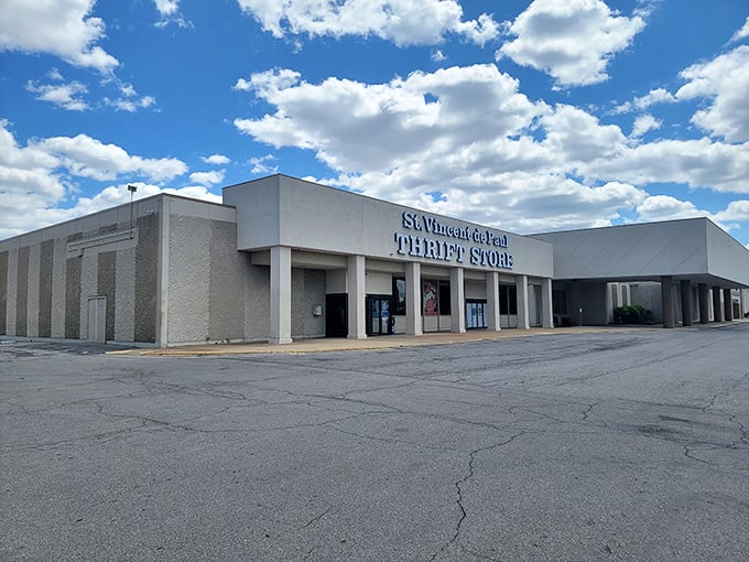 The calm before the shopping storm – St. Vincent de Paul's exterior gives no hint of the treasure-filled chaos waiting inside.