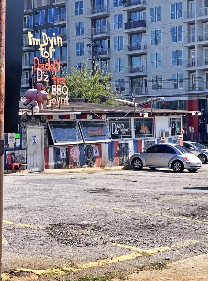 Even from the parking lot, that iconic sign beckons like a lighthouse for the hungry. The flying pig silently promises delicious things await inside.