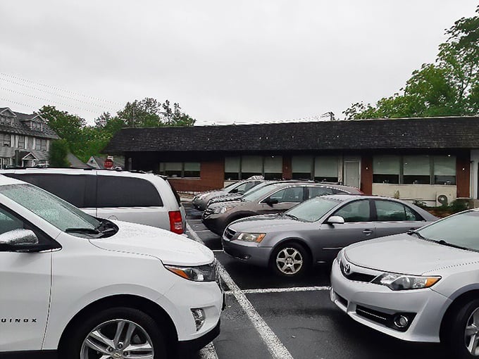 A packed parking lot—the universal sign that you've found a place worth waiting for, even in Pennsylvania rain.