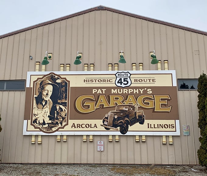 Pat Murphy's Garage sign pays homage to Route 45's automotive history, when road trips were adventures and mechanics were local celebrities.