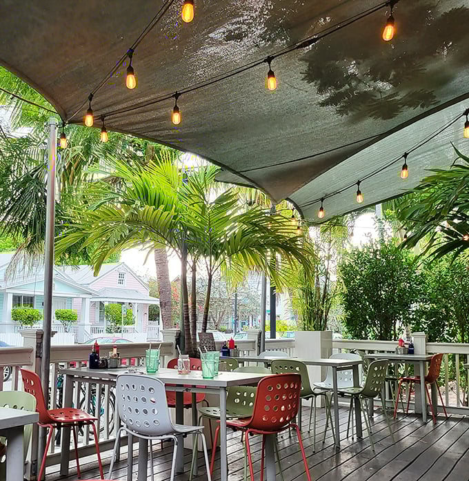 The patio seating area offers a front-row ticket to paradise. Those palm trees aren't just decoration—they're mood enhancers.