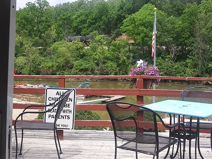 The outdoor patio offers a breath of fresh air and a reminder that children should be supervised—advice that applies equally to adults after their third beer.