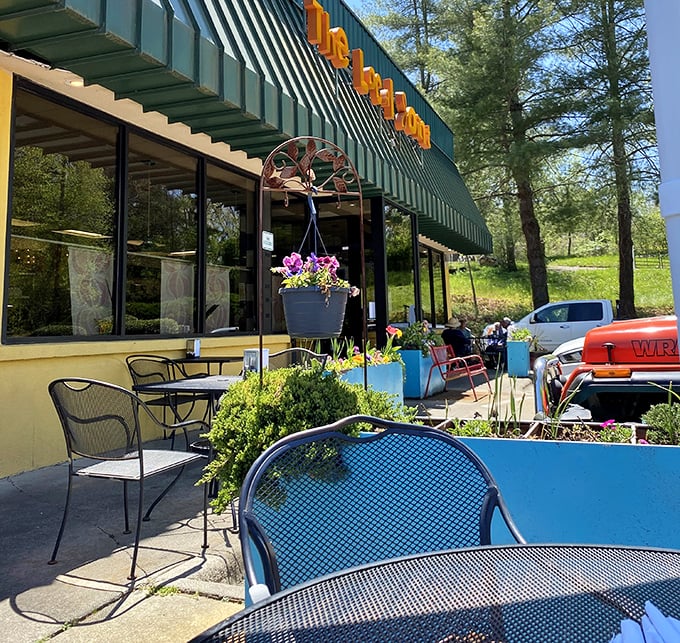 The patio offers mountain air with your morning coffee – nature's perfect accompaniment to those famous pancakes.