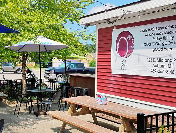Summer in Michigan means patio season at O's, where umbrella-shaded tables offer the perfect spot for people-watching with your pint.