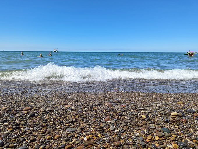 Lake Erie's shoreline reveals its rockier personality here, where smooth stones collect like nature's marbles, polished by centuries of patient waves.