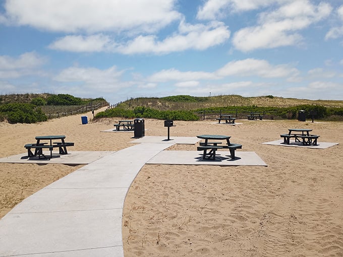 Picnic tables strategically placed for optimal beach viewing – because lunch with a side of ocean panorama simply tastes better.