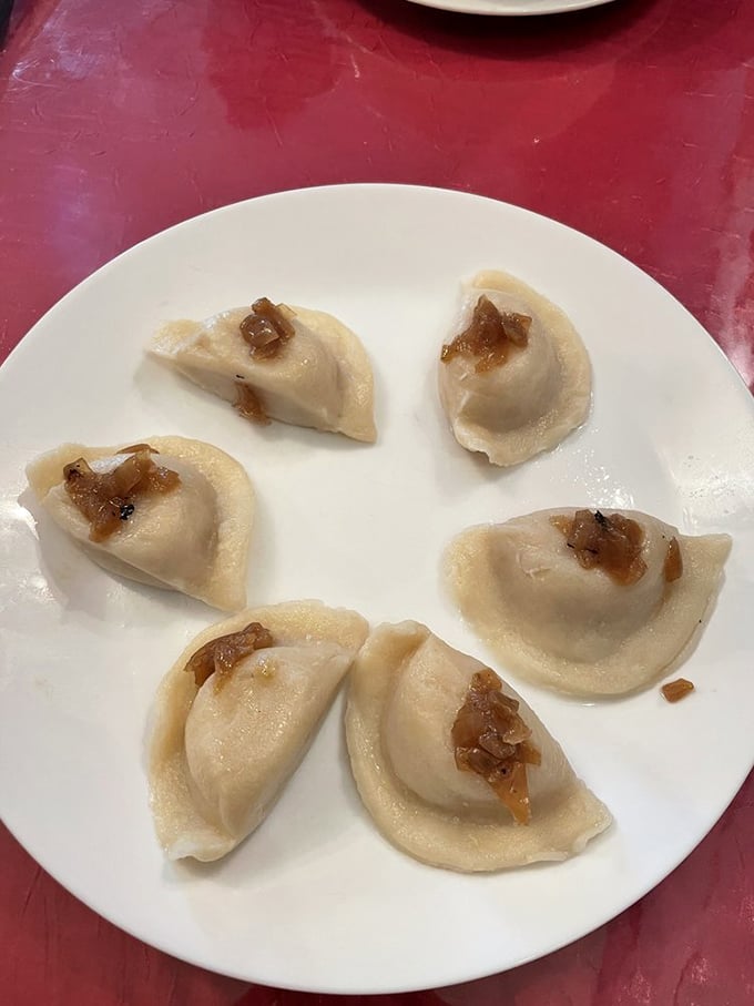 Pierogi arranged in a perfect circle, their delicate dough pockets filled with savory goodness and topped with caramelized onions – edible art. 