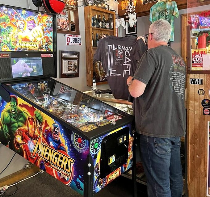 Where pinball wizards fuel up between games. The Avengers machine isn't the only superhero here—wait until you see the size of those burgers.