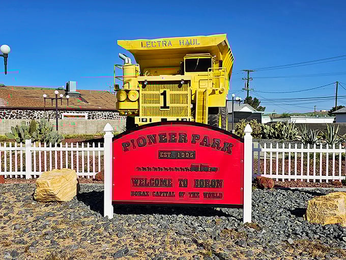 Pioneer Park's welcome sign and mining equipment display announce Boron's proud heritage as the "Borax Capital of the World."