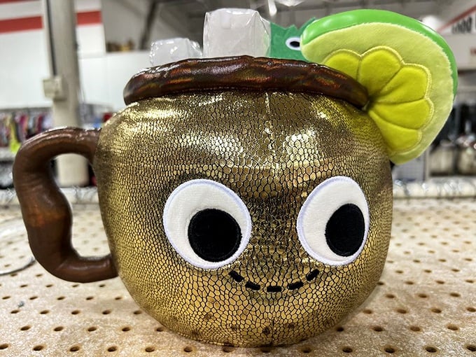 This golden mug with googly eyes and lime accent isn't just kitchenware – it's morning coffee with a side of whimsy.