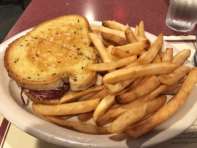 Reuben sandwich and golden fries that could convert even the most devoted salad enthusiast to comfort food.